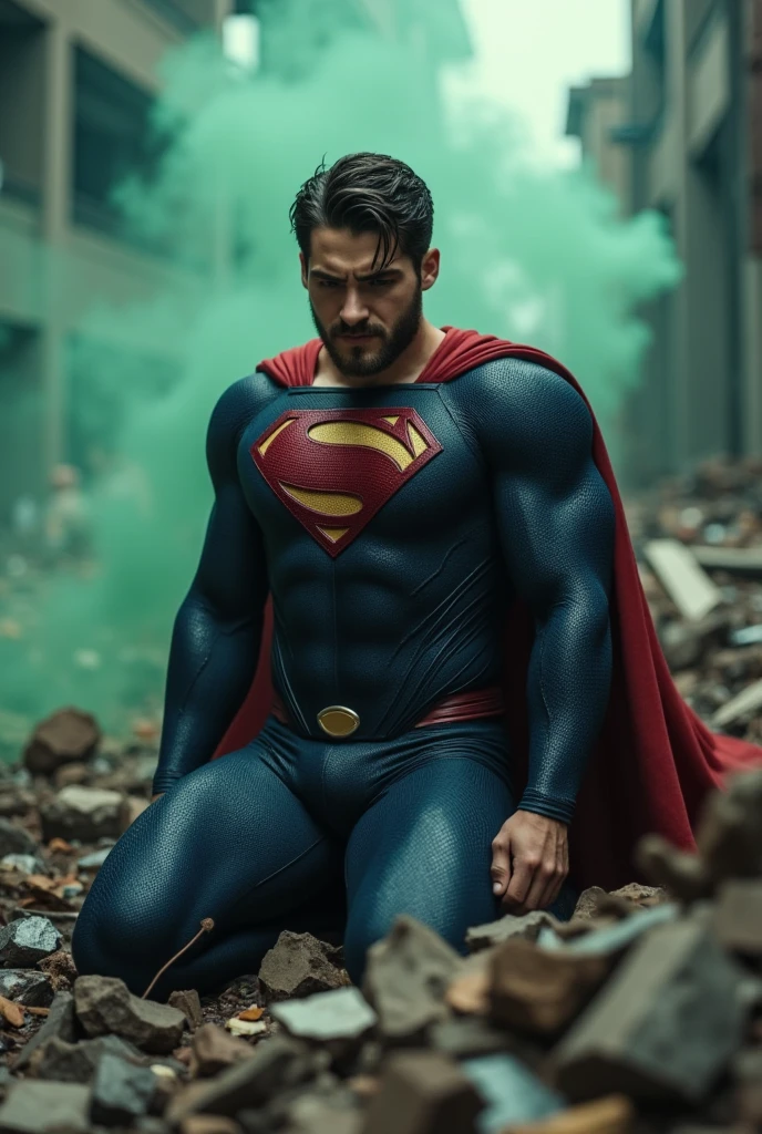 Cody Christian dressed in a clasic Superman costume, kneeling amidst ...