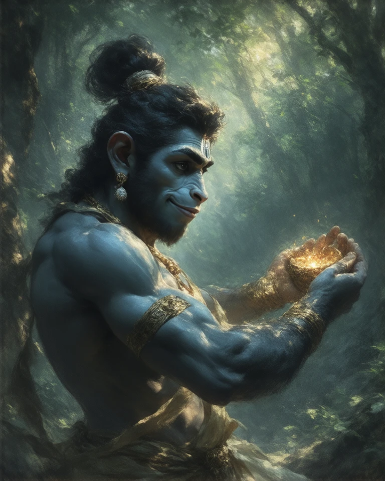 Illustrate a close-up scene, focusing on Sri Ram and Lord Hanuman ...