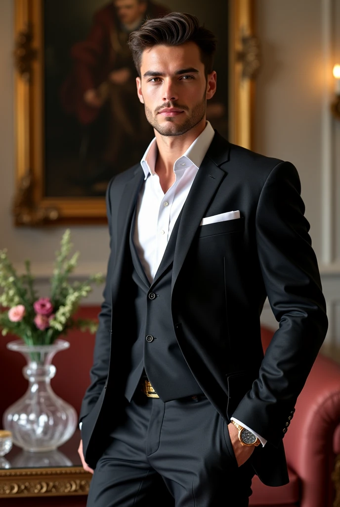 A handsome young Italian man wearing elegant clothes in his real home ...
