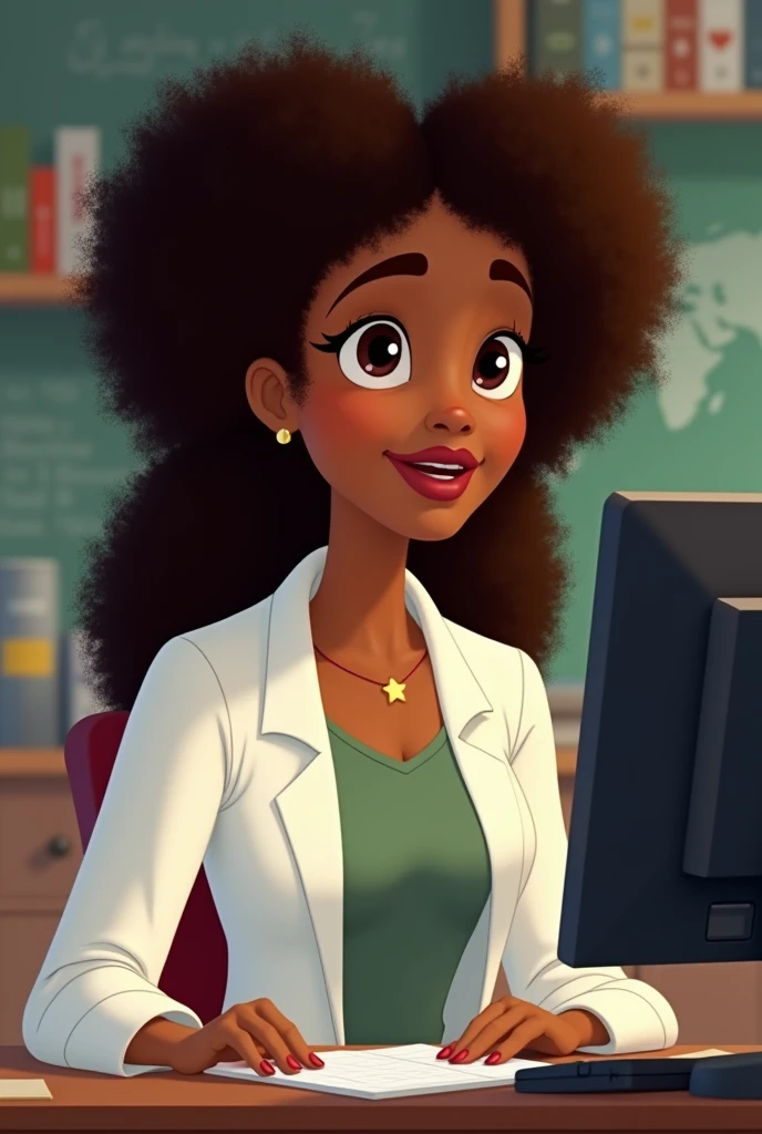 Disney princess style, 40 year old woman, medium brown skin, long afro ...