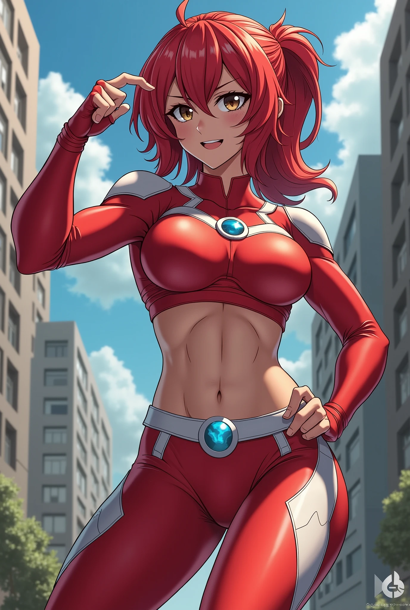 A close up of a woman in a red suit with a blue eye（fujimaru ritsuka (female)) - SeaArt AI