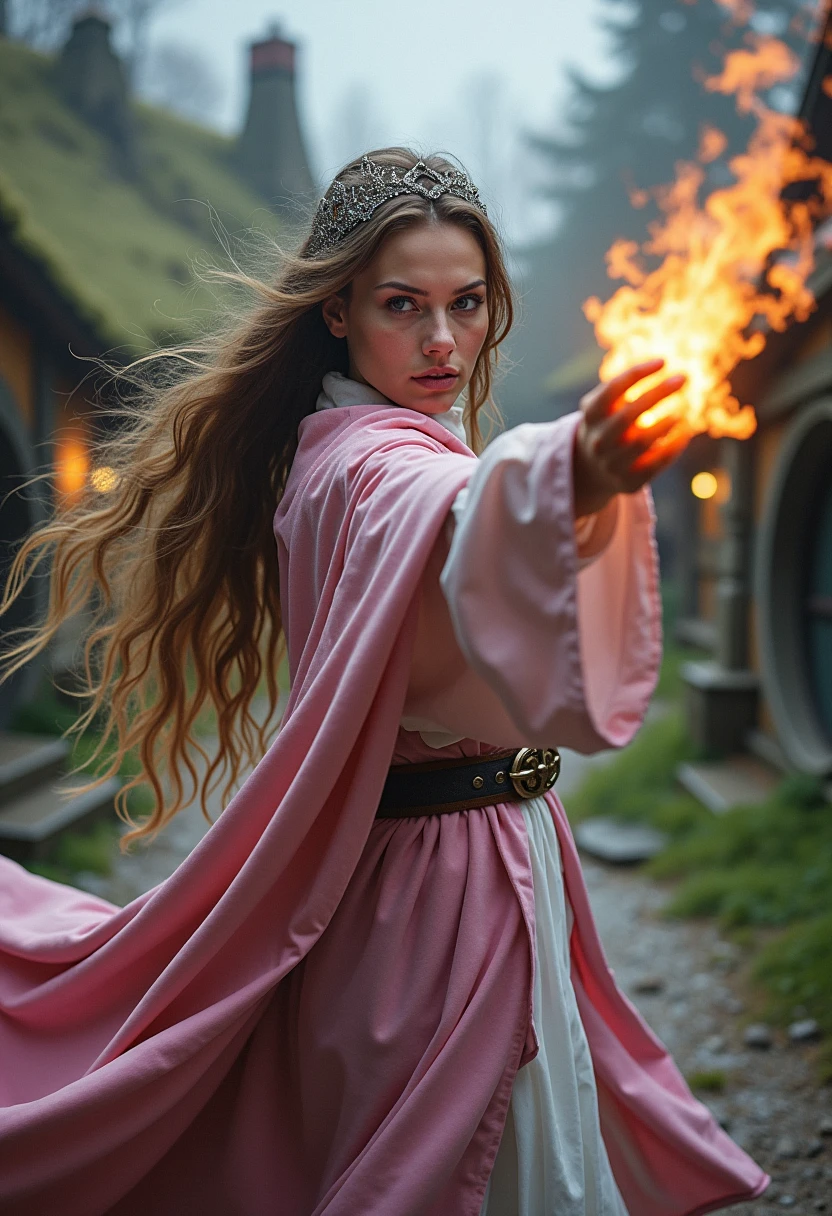 A beautiful sorceress with long light brown hair, dressed in a magical ...