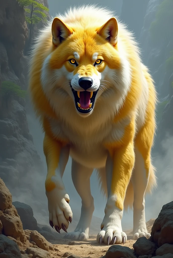 A dire wolf, yellow and white color, yelleow eyes , reealistic art ...