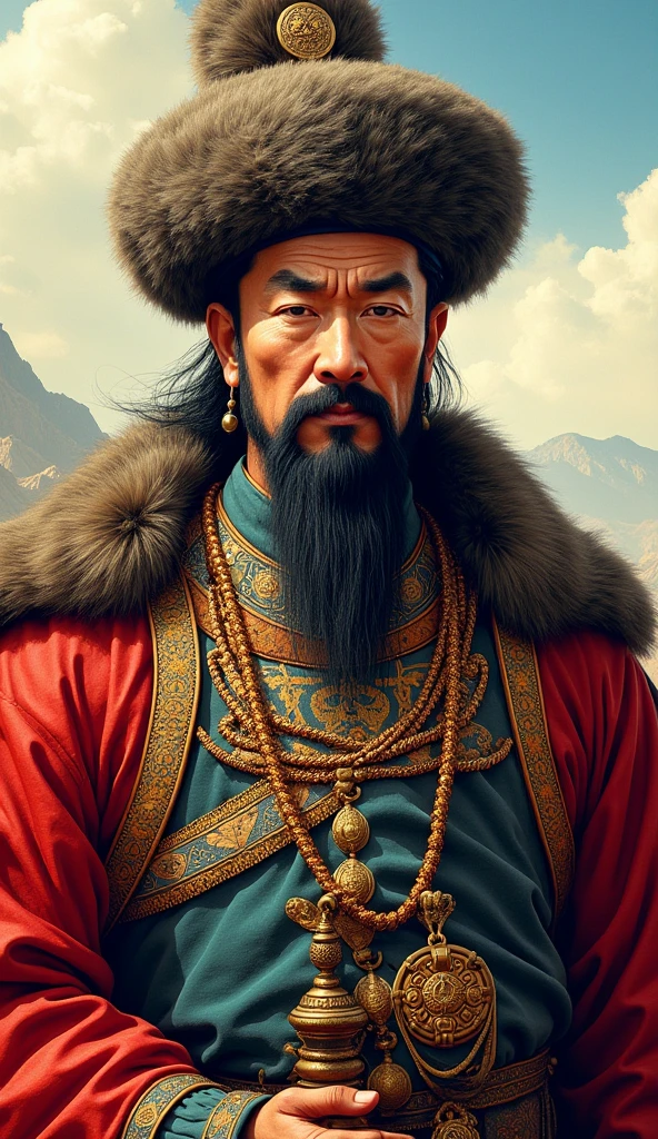 "A vivid and highly saturated portrait of Kublai Khan, depicted in a ...