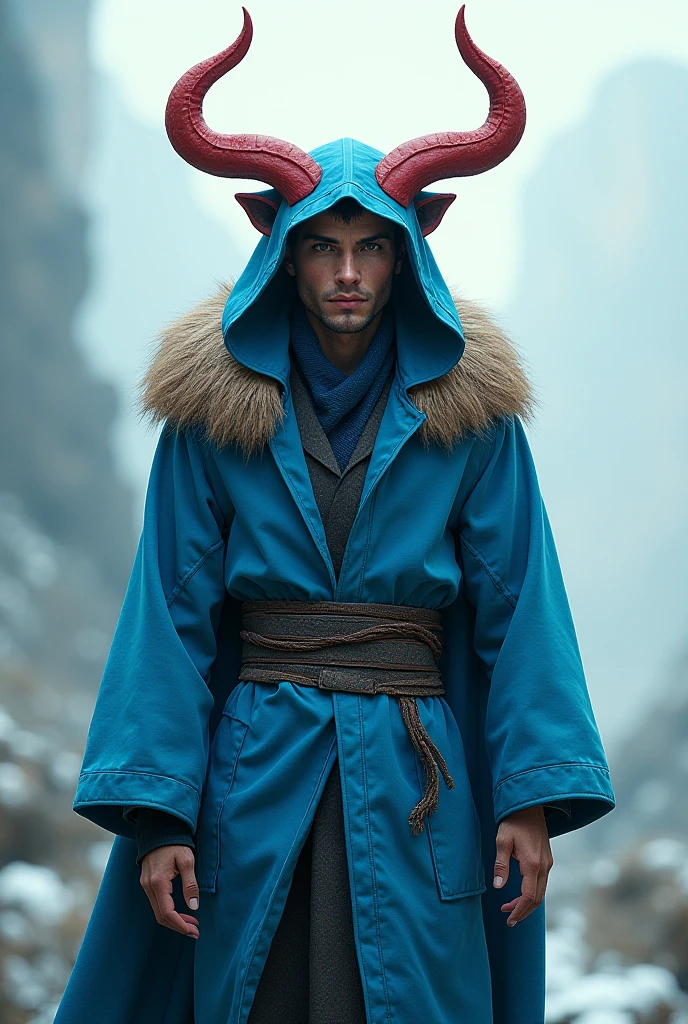 Men's men's version with red horns blue clothes and bear hood - SeaArt AI