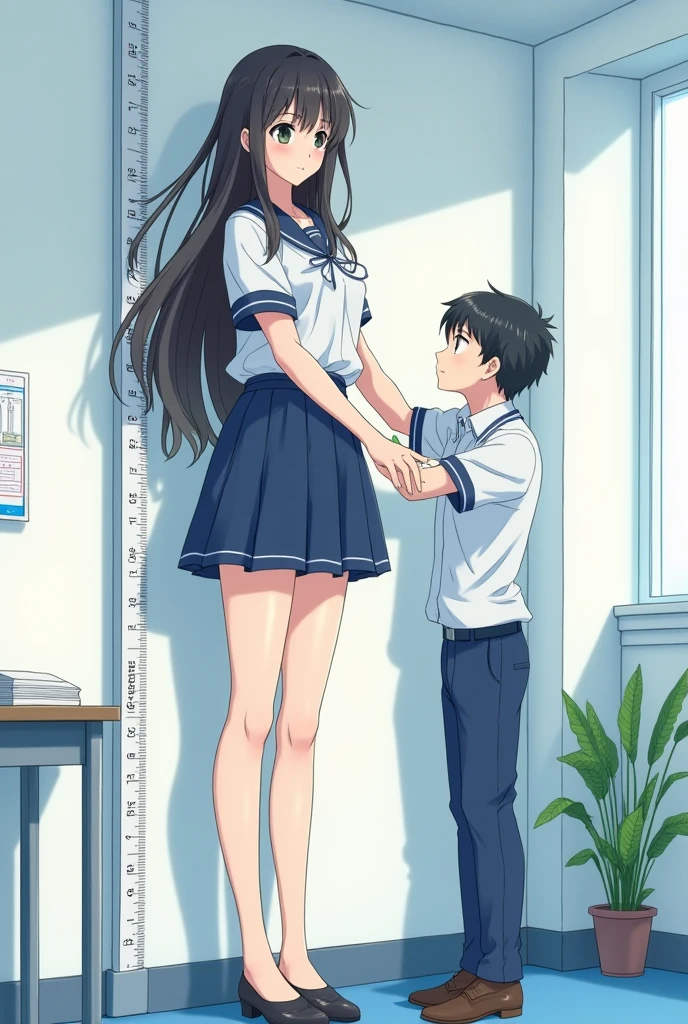 A ultra very tall japanese student girl, being height measure at school ...