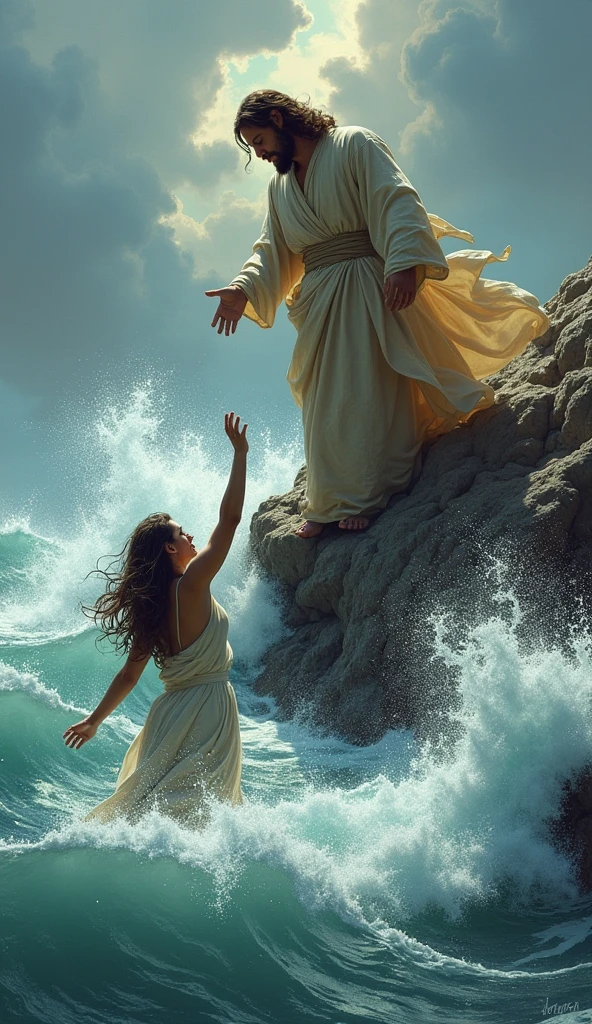 Do Jesus on top of a rock pulling the hand of a respectful woman who is ...