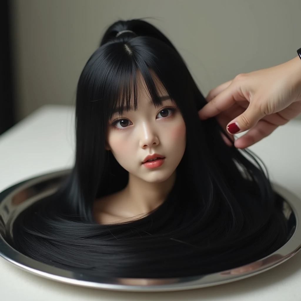 The headless torso of a beautiful young Japanese woman stands on a silver plate - SeaArt AI