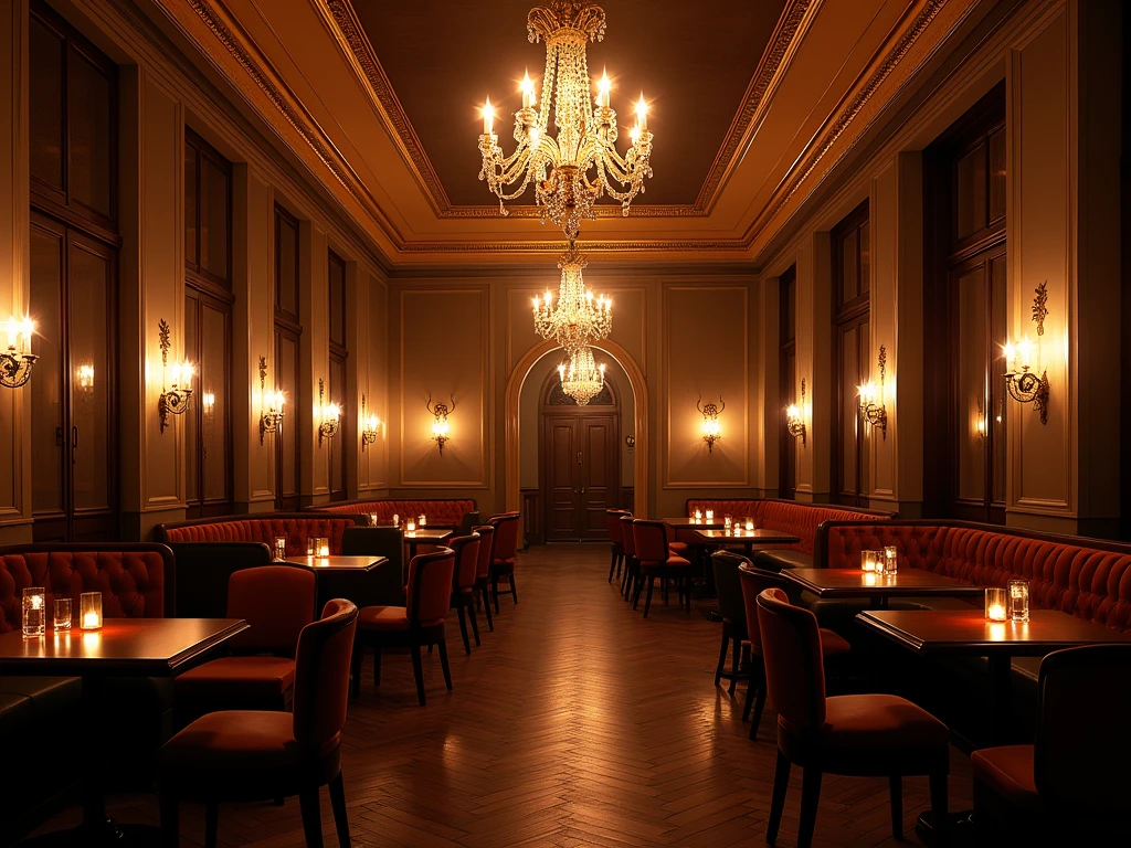 Warm ambient lighting 、Elegant chandeliers 、 Luxurious jazz club decor ...
