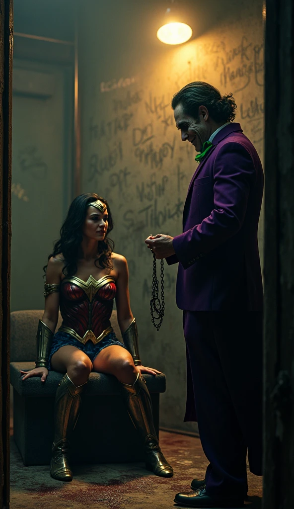 Ultra-realistic cinematic scene, Wonder Woman in chains sitting in a ...