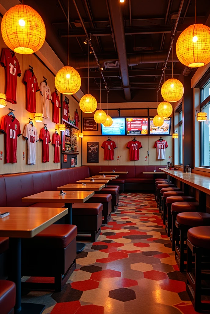 A fast food restaurant where all theme use is about Football - SeaArt AI