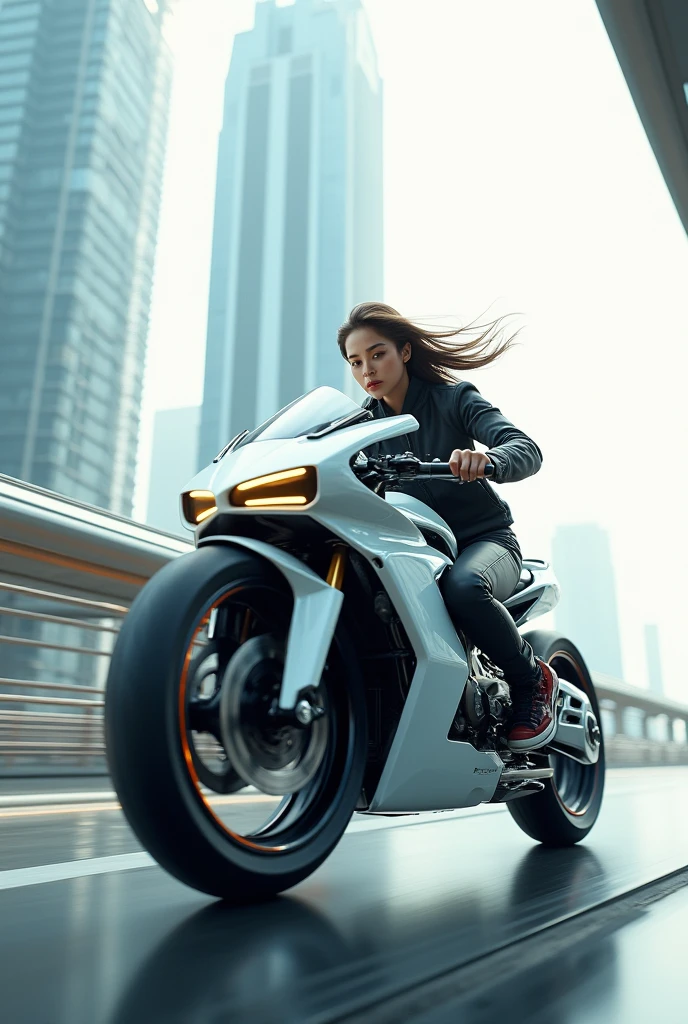 I drive the linear motorcycle well, I am a young lady student - SeaArt AI