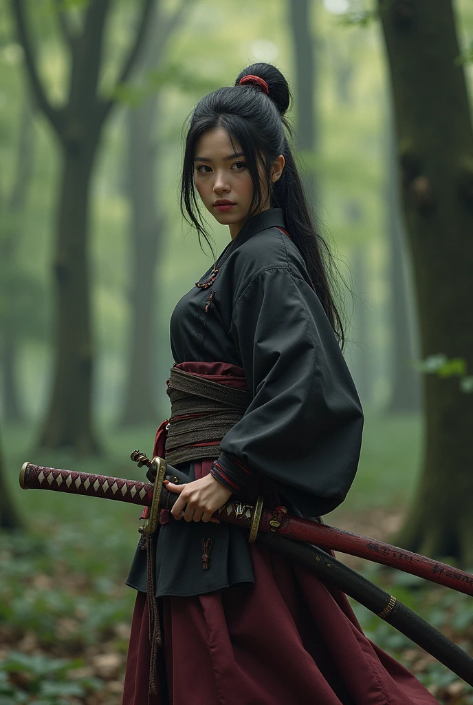 Arafed woman in a samurai outfit holding a sword in a forest - SeaArt AI