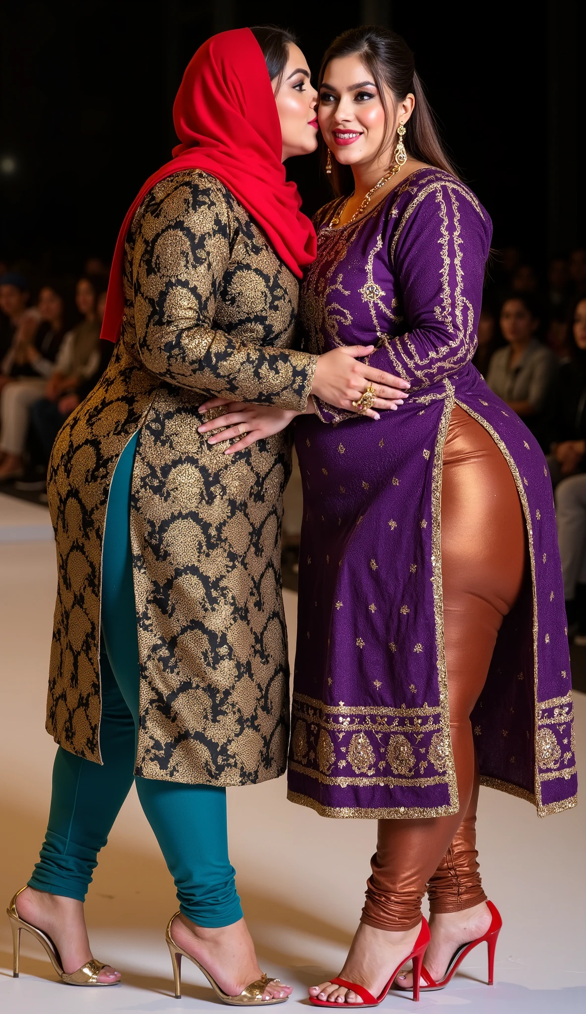 Two women in colorful outfits are standing on a runway - SeaArt AI