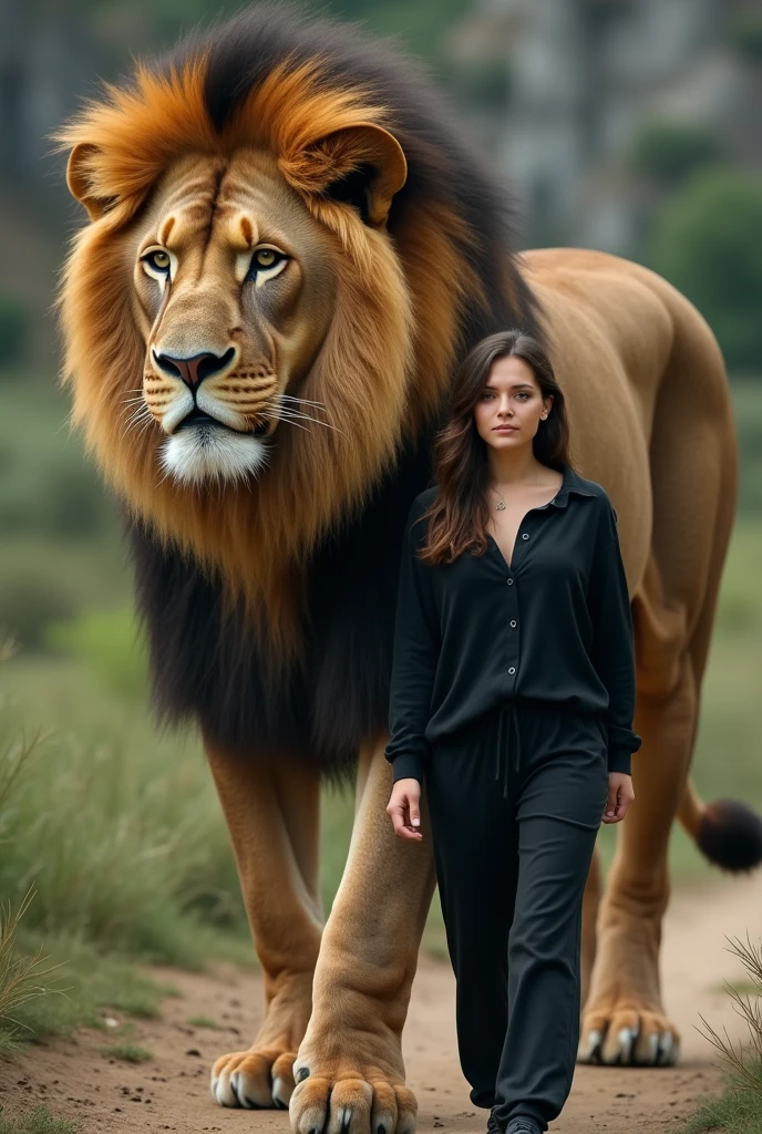 A woman Wear casual black clothes and walk Walking together with a ...