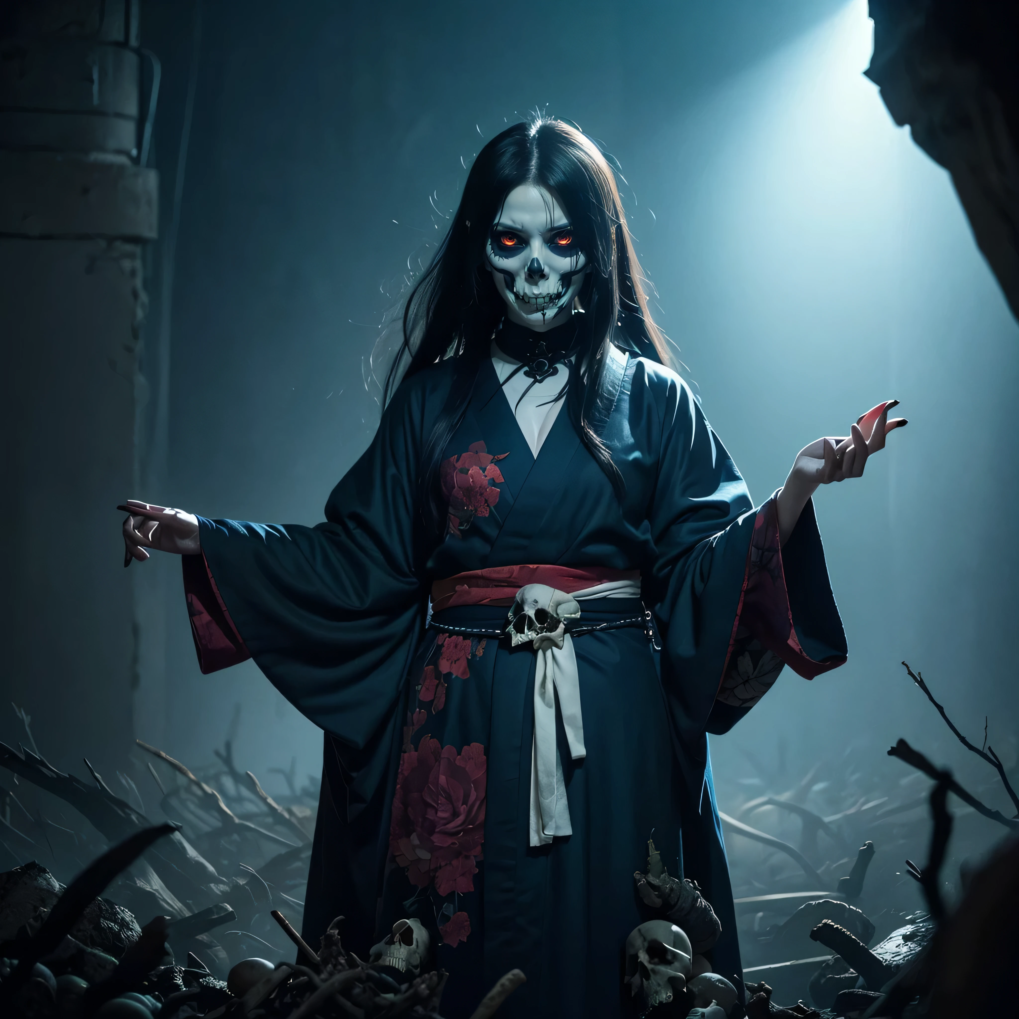 Arafed woman in a black robe and red and white mask standing in a pile ...