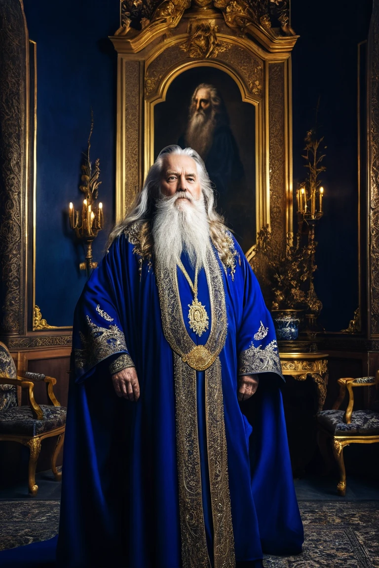 Portrait of an old, white-bearded wizard with long hair, dressed in a ...