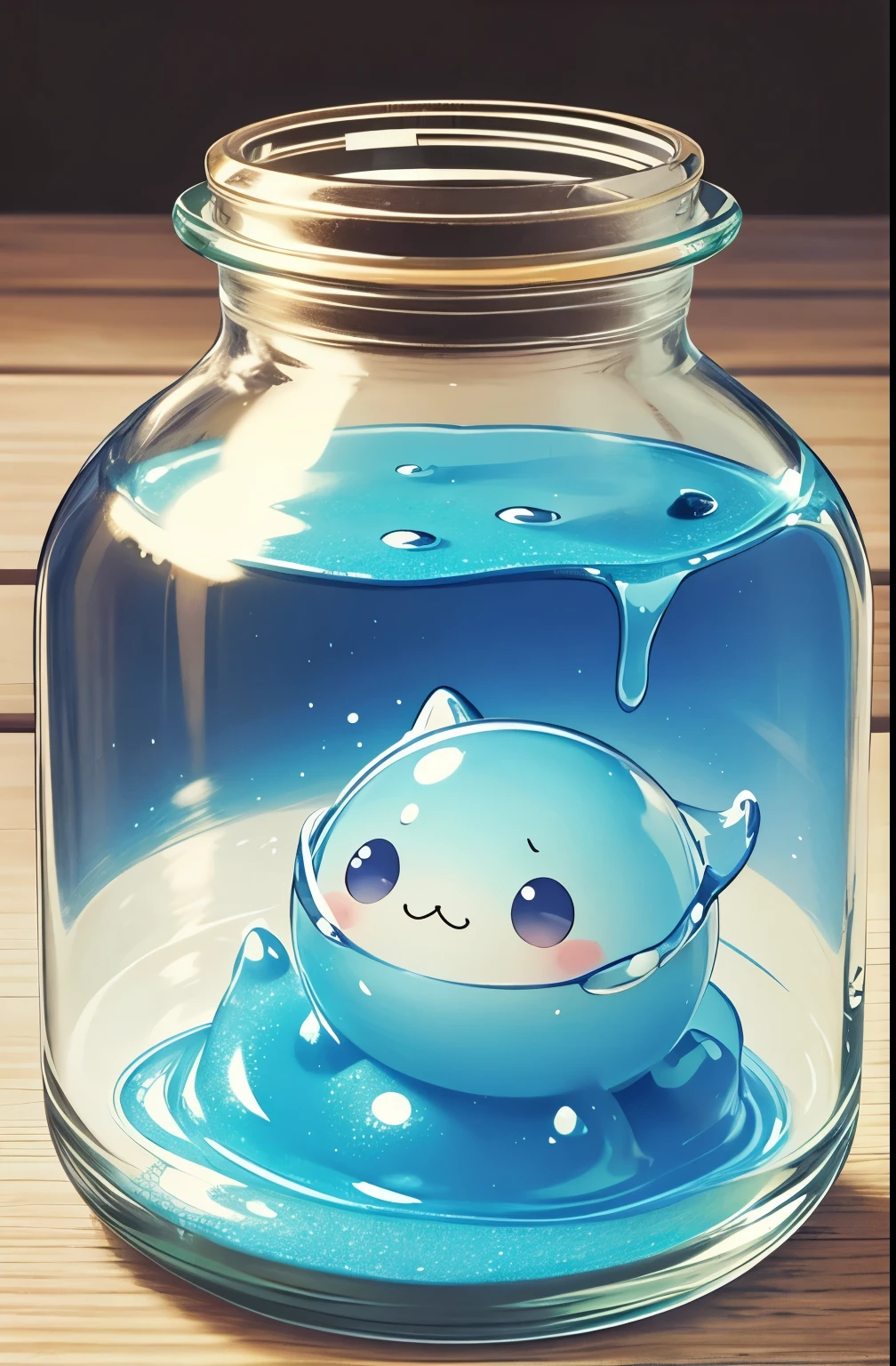 There is a glass jar with a blue liquid inside of it - SeaArt AI