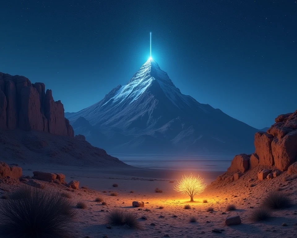 "A serene desert landscape with Mount Sinai towering under a starry ...