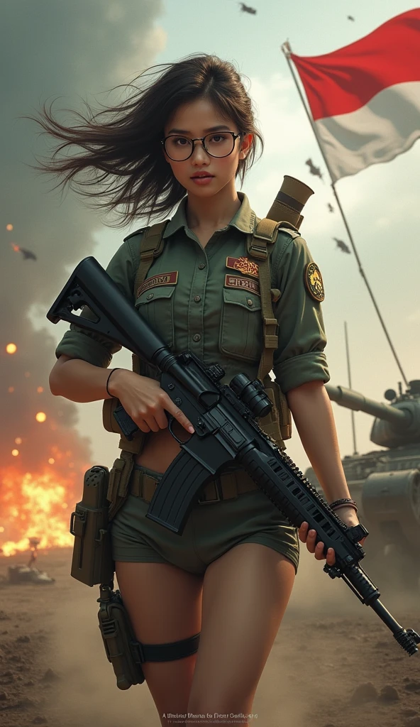 Very sexy woman, 19 yo, bespectacled, hair in the wind, bomb raining situation - SeaArt AI