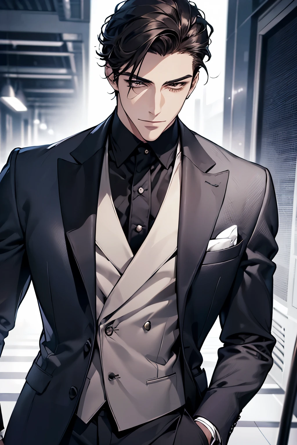 There is a man in a suit and tie standing in a hallway - SeaArt AI