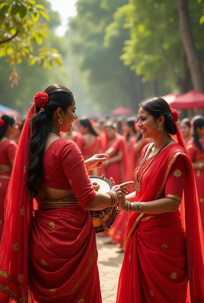 Teej festival , colour full background, women in red sari, playing dhol ...
