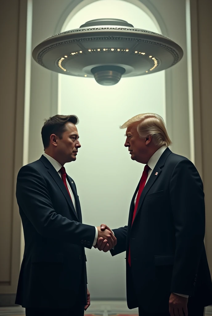 Elon Musk and Donald Trump shaking hands, with a UFO hovering above ...