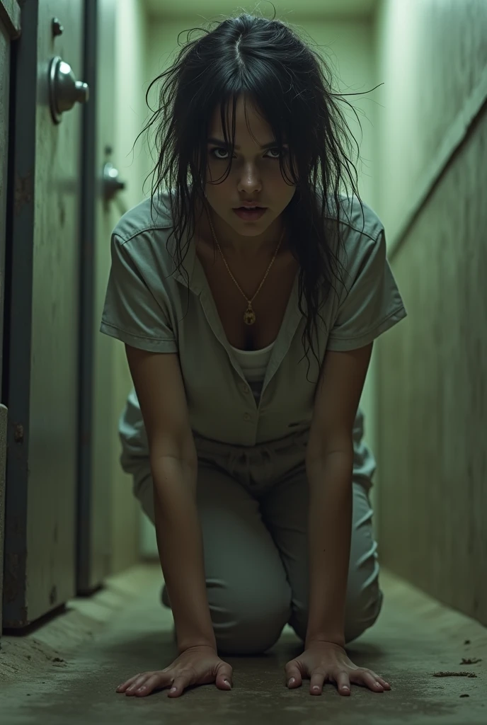 Photorealistic, Asylum cell, sexy pretty girl, crawling sinisterly ...