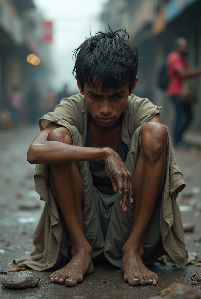 A poor young boy is sitting on the street and crying. He has not bathed ...