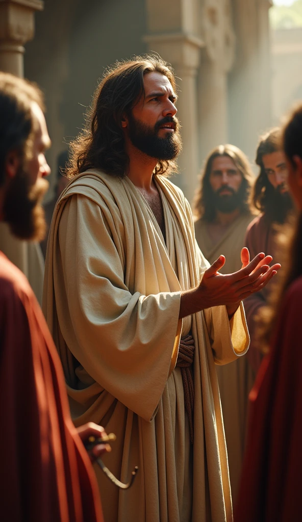 Jesus of Nazareth speaking in front of his disciples in an energetic ...