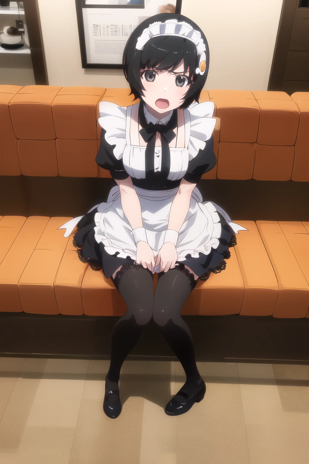 Anime character sitting on a couch with a black and white dress（araragi ...
