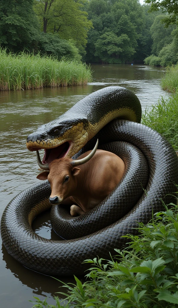 Create a giant anaconda snake is wrapping around and eating a large cow ...