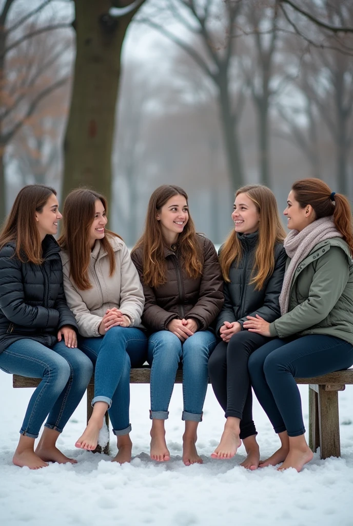 Realistic photo, 40-yo female teacher and 15-yo girls on bench in park ...
