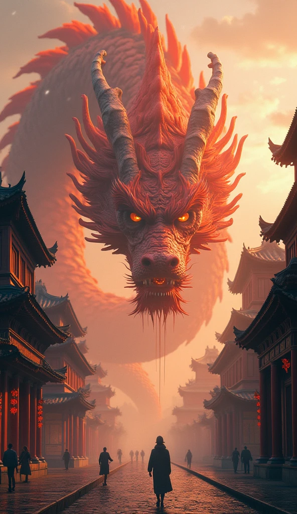 A giant dragon is looking at us from the front。 real。 humans are ...