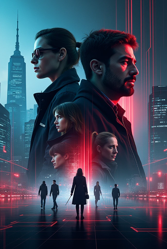 A blockbuster movie poster, cast, suspense thriller, glitch, danger ...