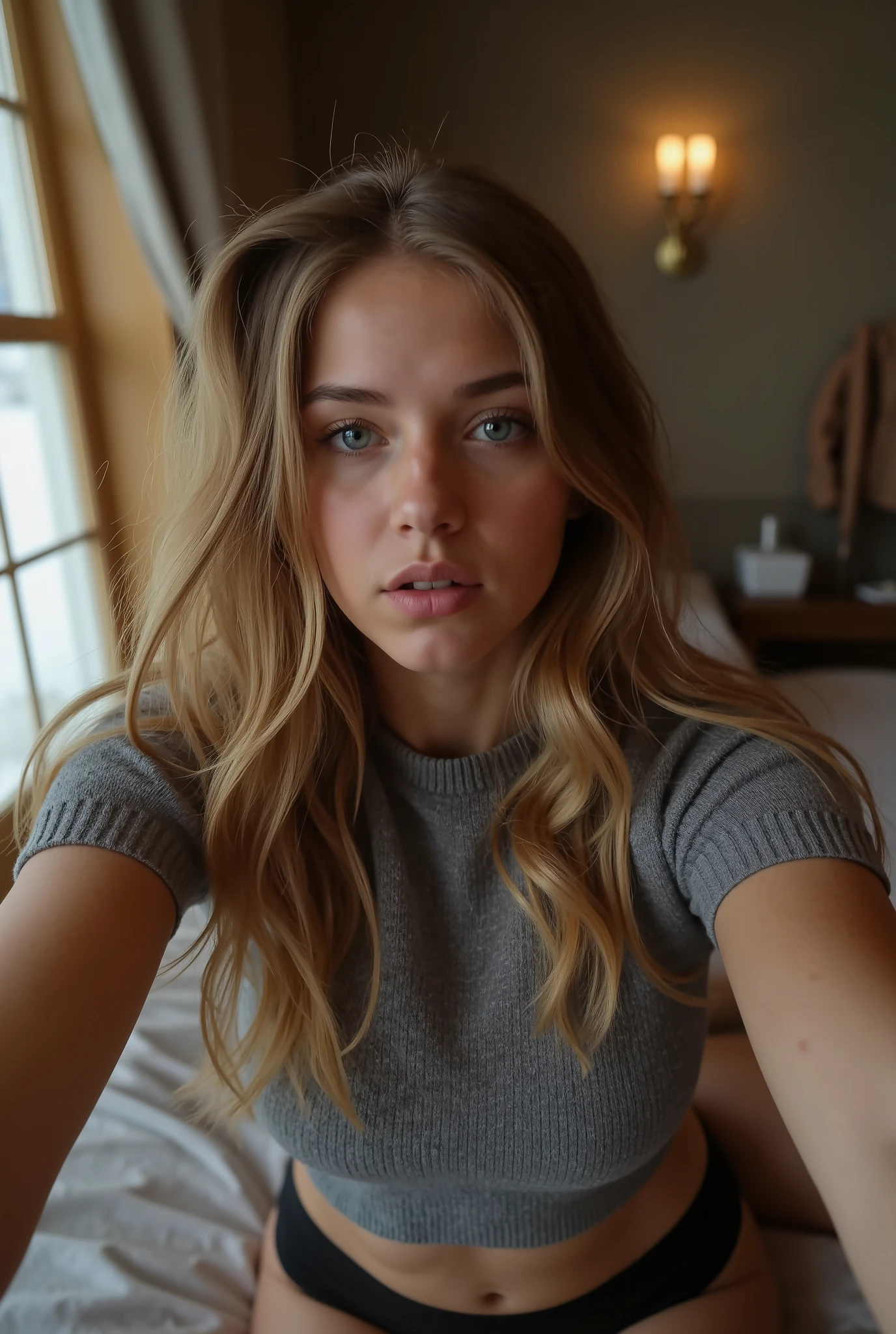 Arafed Woman In A Gray Shirt And Black Panties Sitting On A Bed Seaart Ai