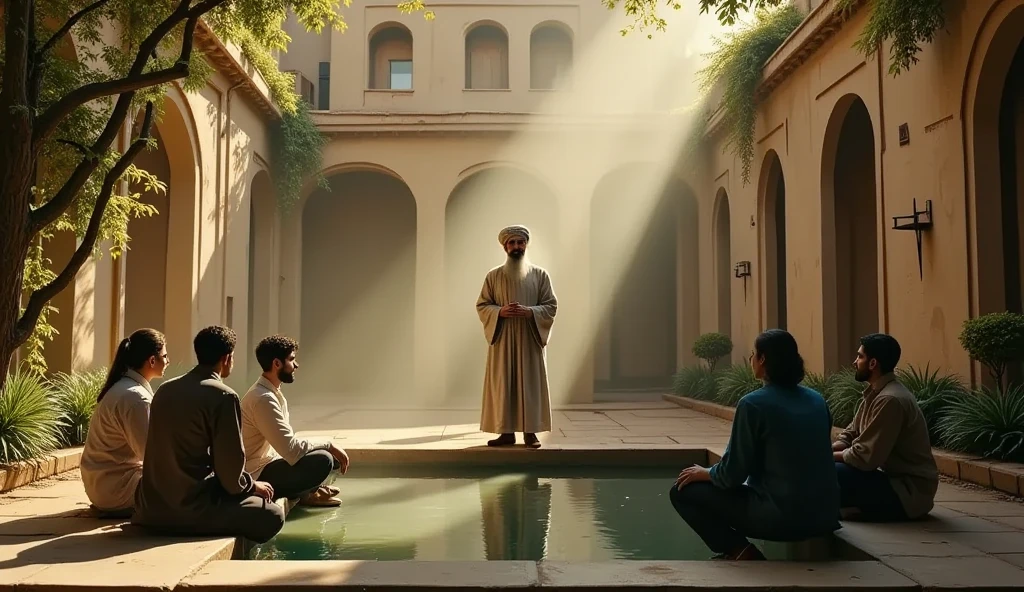 Mulla Sadra, a man with a long beard and turban, next to a pond full of ...