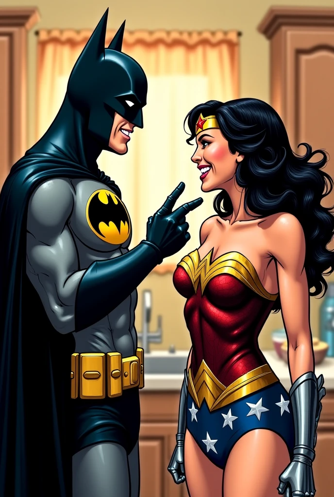 Batman and wonderwoman are in the kitceh laughing and pointing - SeaArt AI