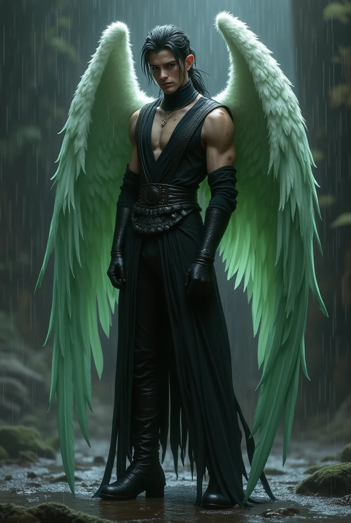 Handsome male well-built fae with dark hair and light green wings ...