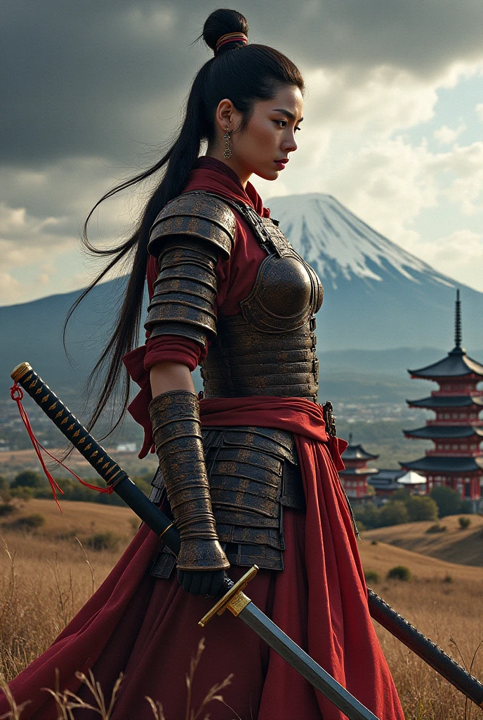 Depict Fujianti Utami Putri as a noble female warrior in the style of a ...