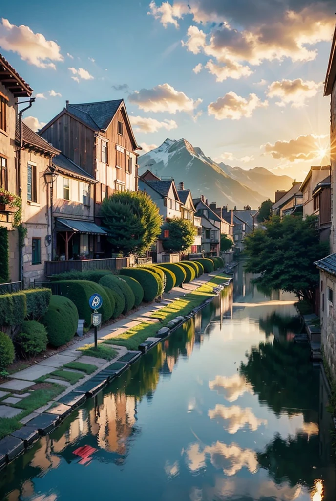 A small village by the river, mountains in the background, floral ...