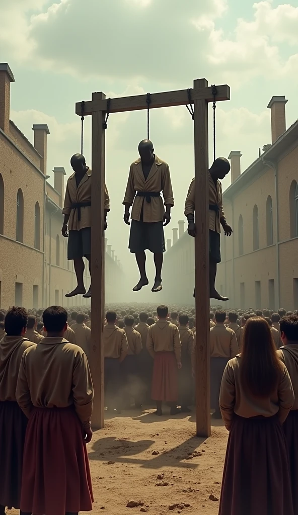 "Create a haunting and intense scene of a public execution where three ...