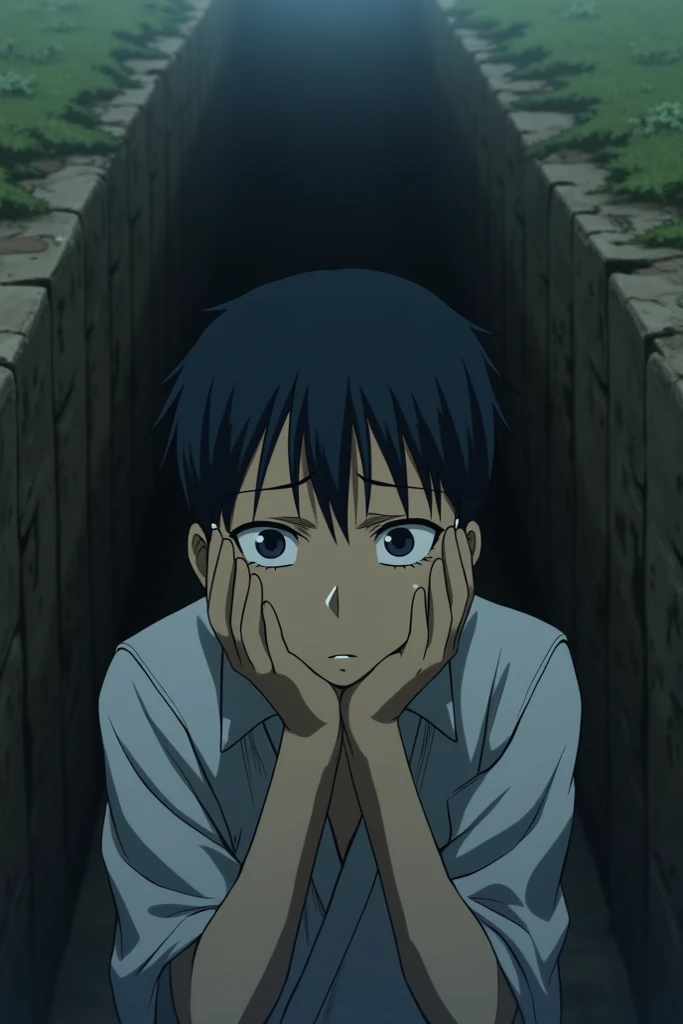 Anime, japanese man lying in a ditch, covering his face with his hands ...