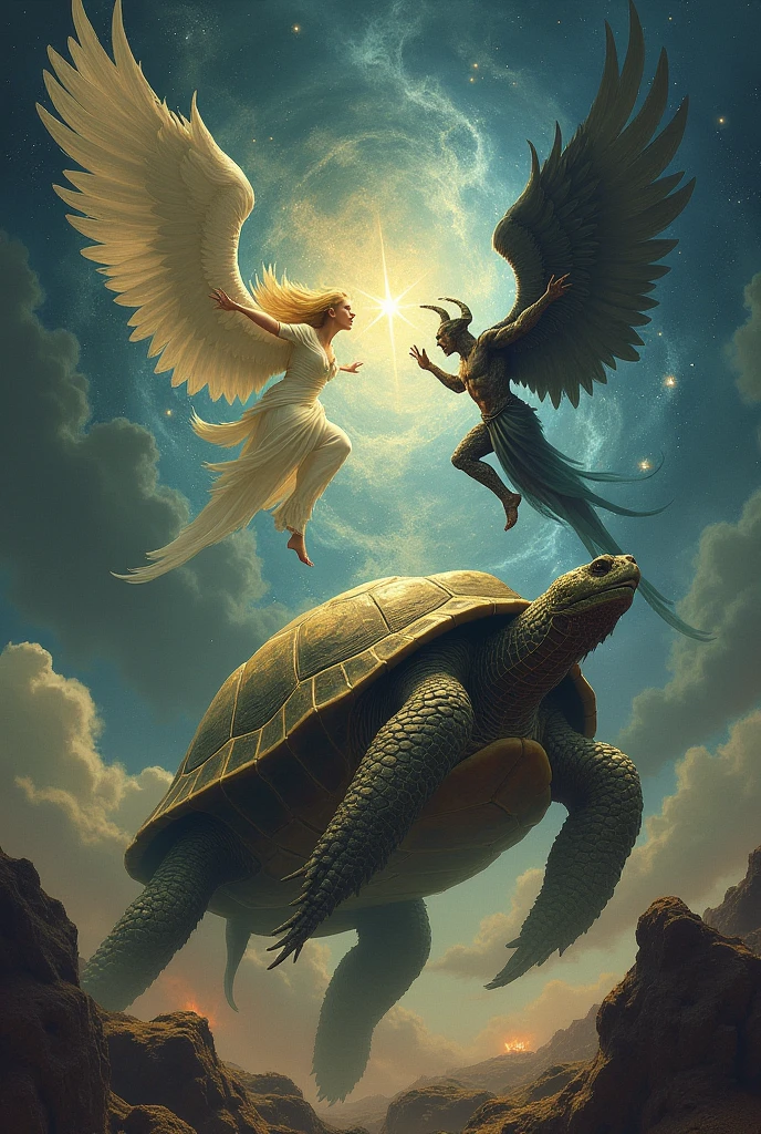 Flat earth on the back of the turtle angel and the devil fight each ...