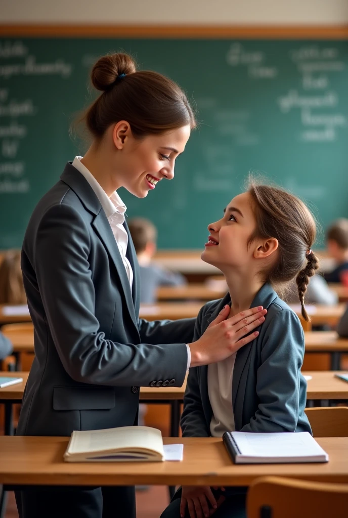 A teacher holds a student in the classroom - SeaArt AI