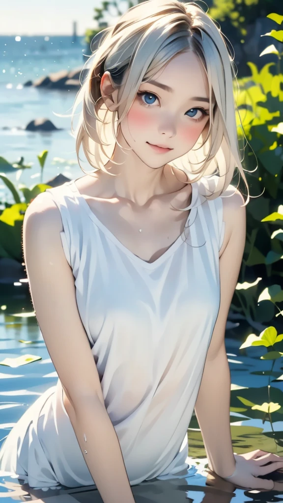 Anime style female character in water, (long white hair: 1.2 - SeaArt AI
