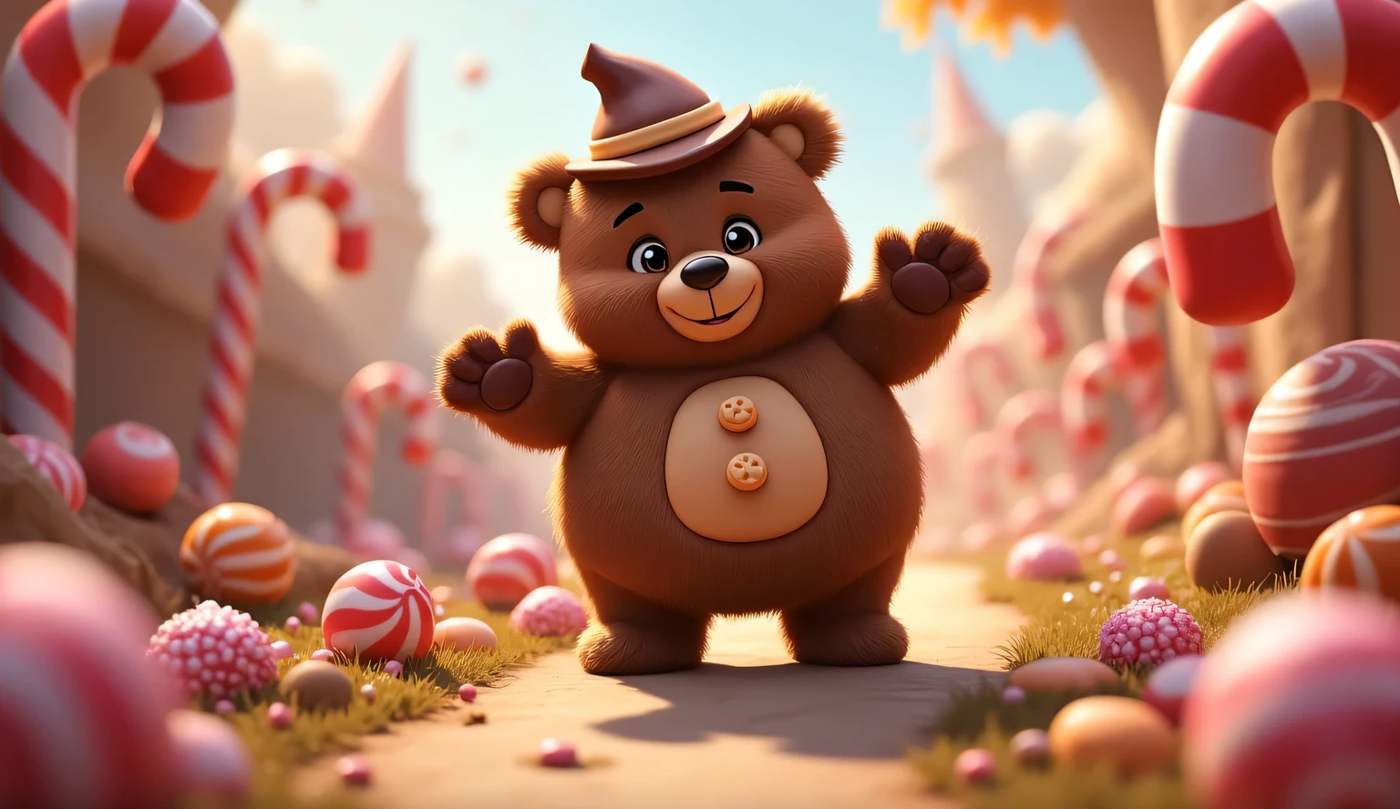 There is a teddy bear that is standing in the middle of a candy land ...