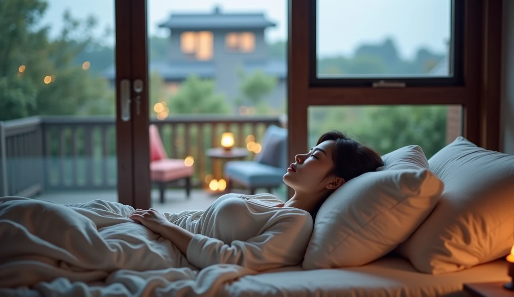 "a beautiful Korean woman with a large breast sleeping, wear unbutton ...