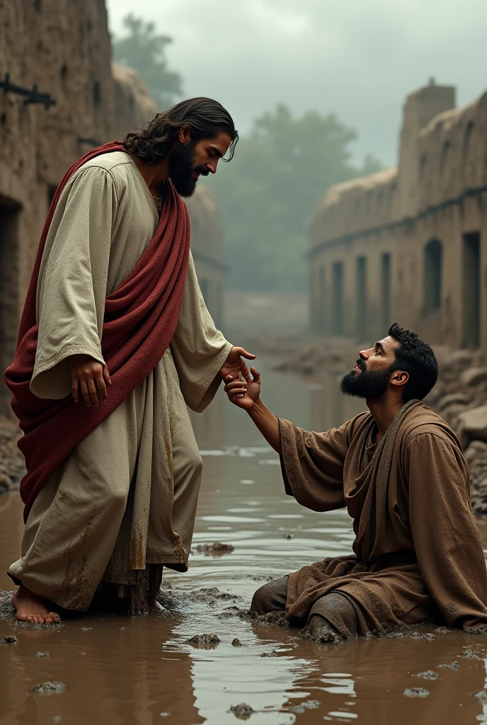 Jesus helping a sad man to get up and get out of the mud in the hyper ...