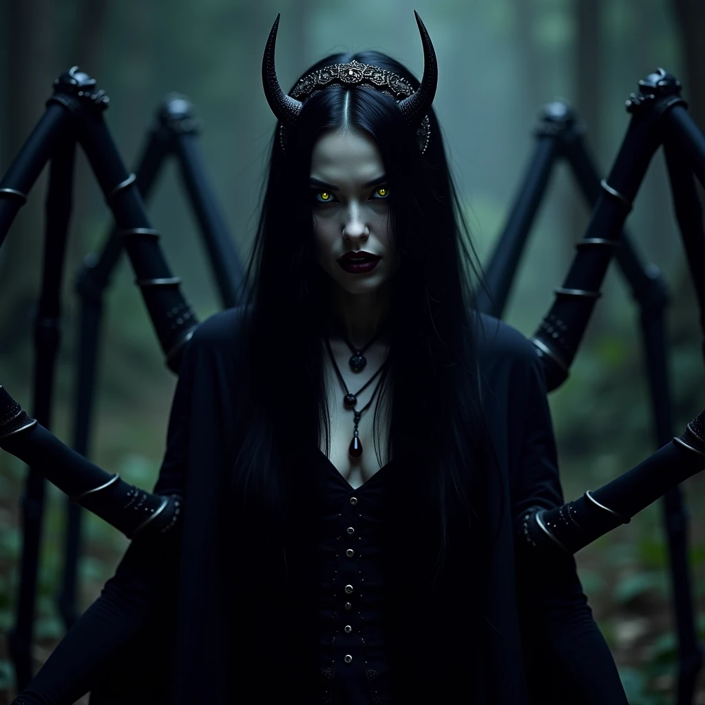 A dark elf goddess spider Lolth, dark fantasy, 1 woman, long black hair ...